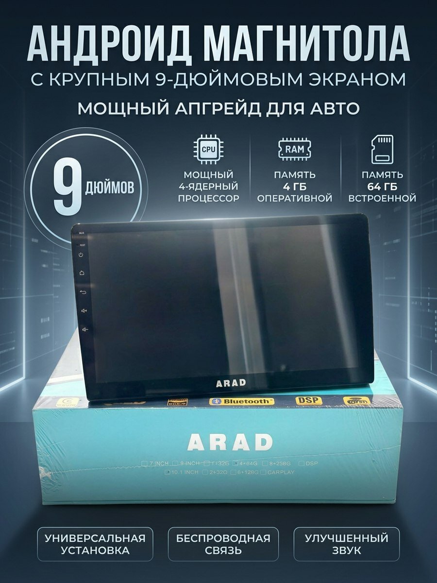Автомагнитола Android 4/64 гб 9 дюймов для любой марки авто 2 din сенсорная с экраном, HD экран, Bluetooth Магнитола 2дин, андроид 4+64 GB 9"