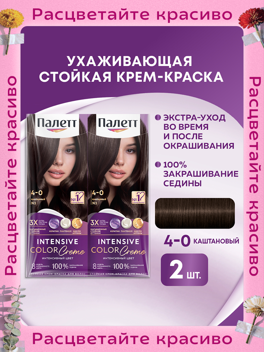 Палетт Набор Стойкая крем-краска для волос Интенсивный цвет 4-0 N3 Каштановый, 110 мл, 2 шт