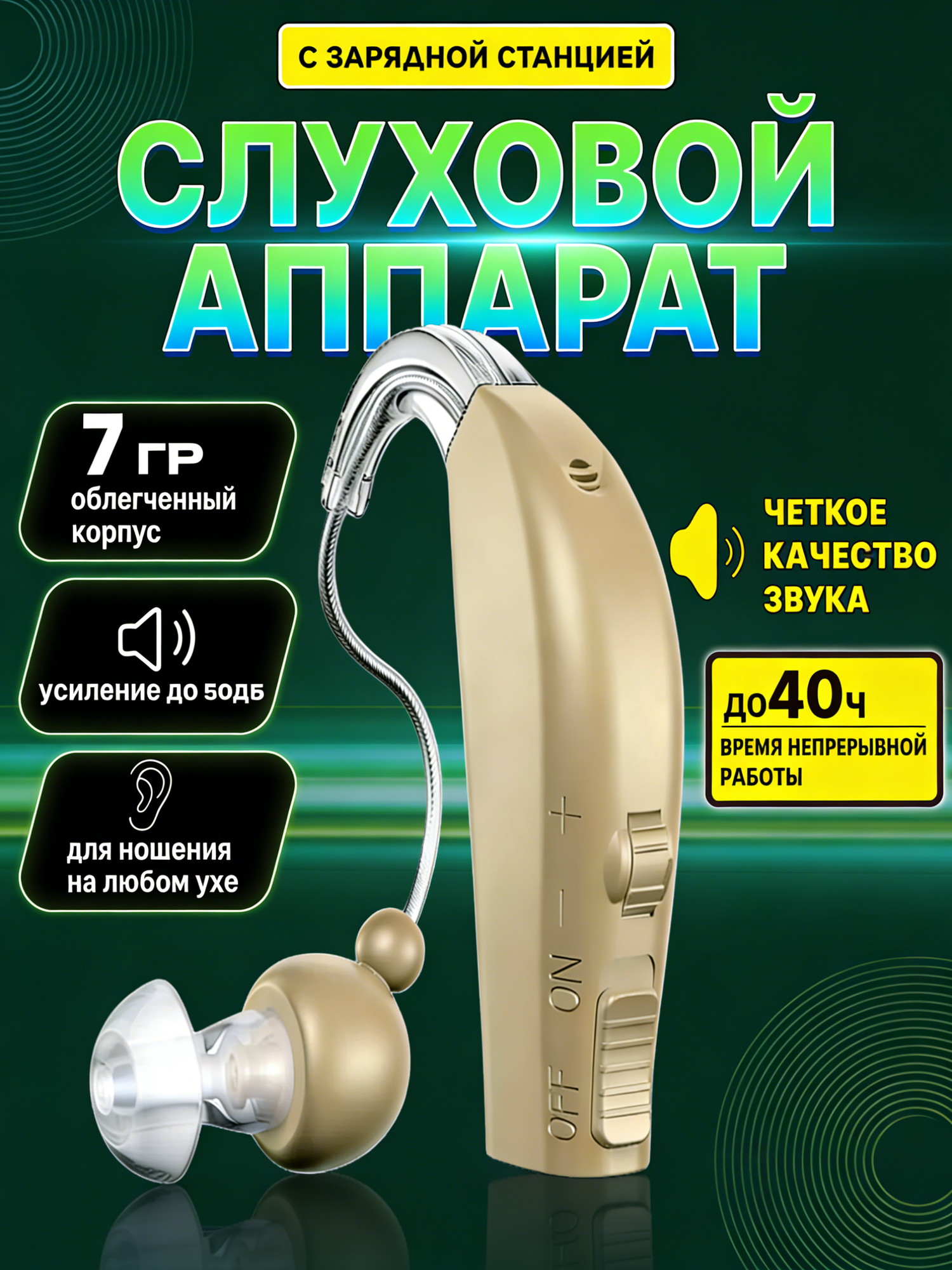 Слуховой аппарат, усиление звука до 30Х, влагозащита, мягкие амбушюры