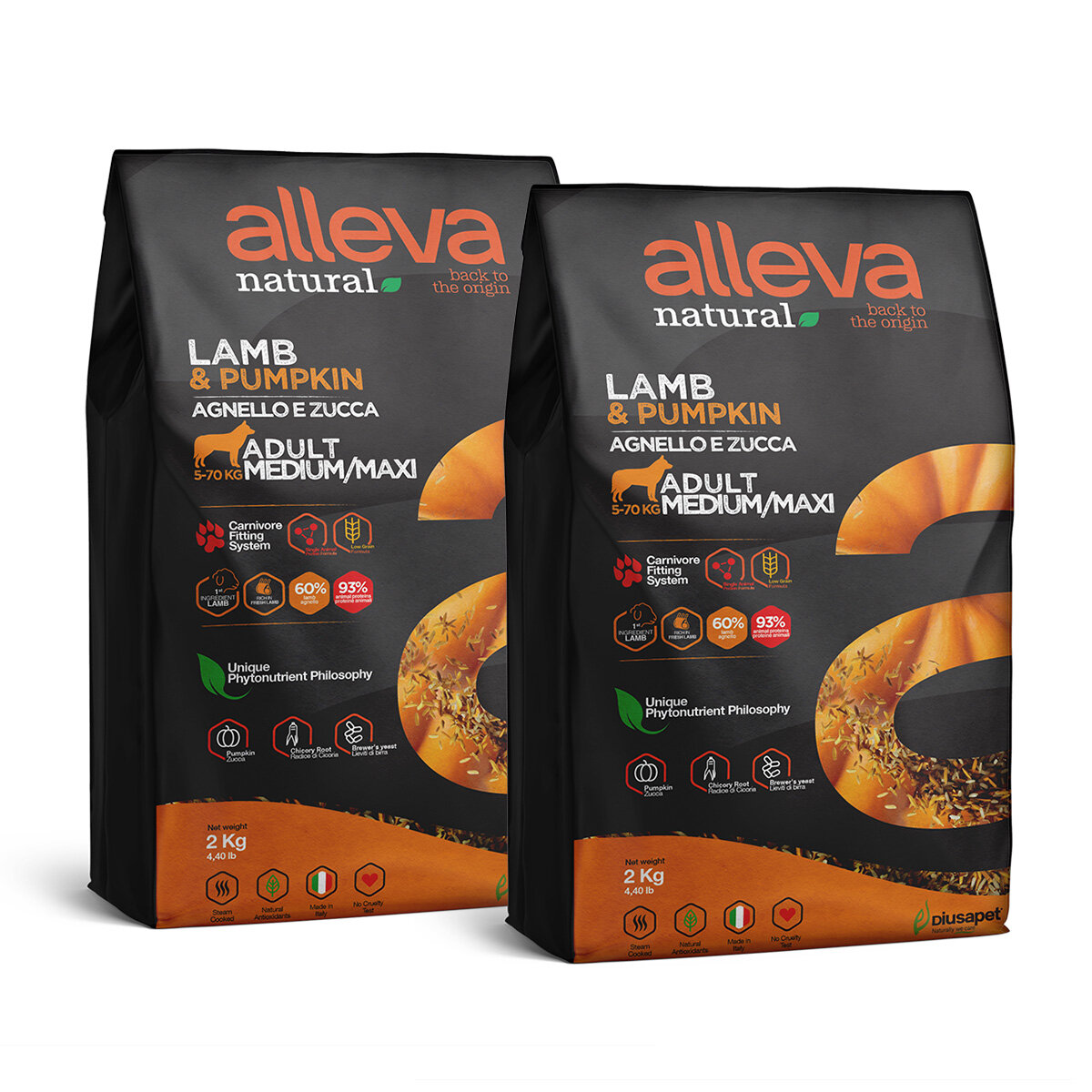 ALLEVA NATURAL ADULT DOG MEDIUM/MAXI LAMB & PUMPKIN низкозерновой для взрослых собак средних и крупных пород с ягненком и тыквой (2 + 2 кг)