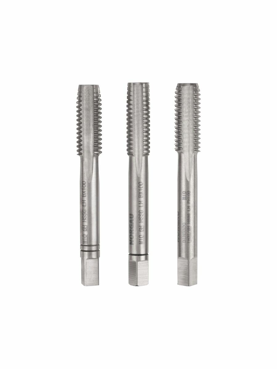 Набор метчиков NORGAU Industrial левого вращения M 10, из HSS, по стали, чугуну и цветным металлам, 3 предмета.