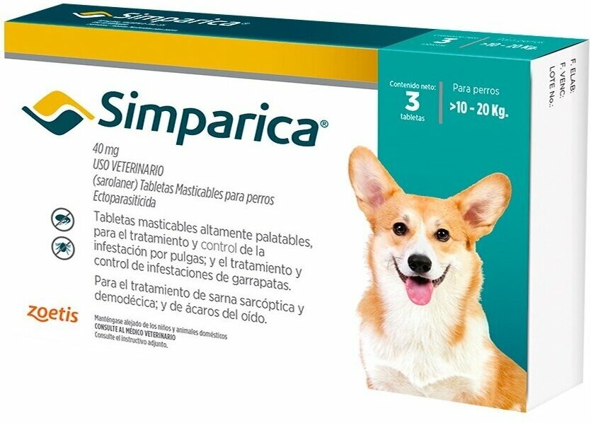 Zoetis таблетки от блох и клещей Симпарика для собак и щенков массой 10,1-20,0 кг 3 шт. в уп, 1 уп.