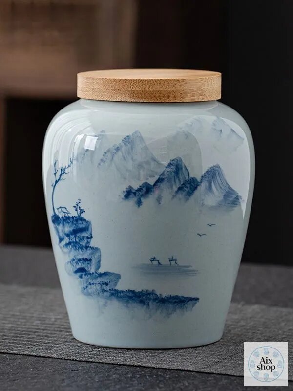 Чайница керамическая синяя с бамбуковой крышкой, 14.5x11.6 см, для хранения чая и декора