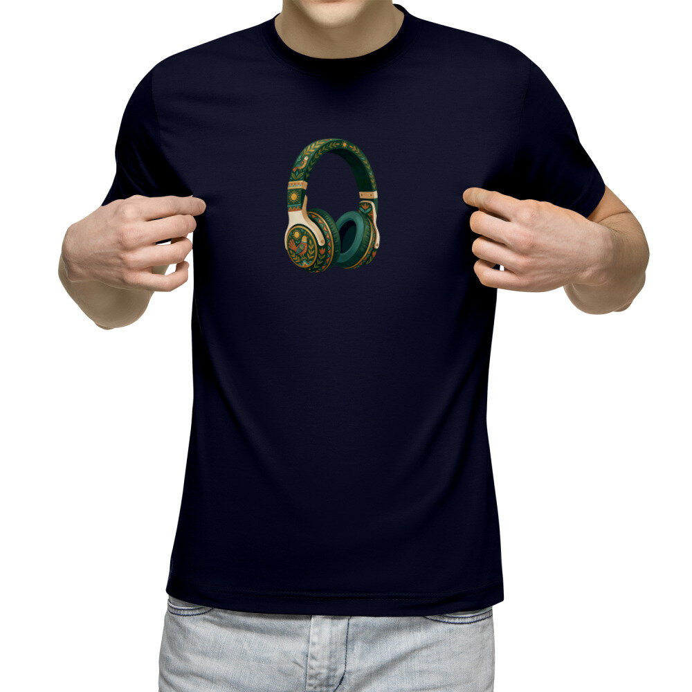Мужская футболка «Наушники с зеленым этническим орнаментом» (темно-синий, S)