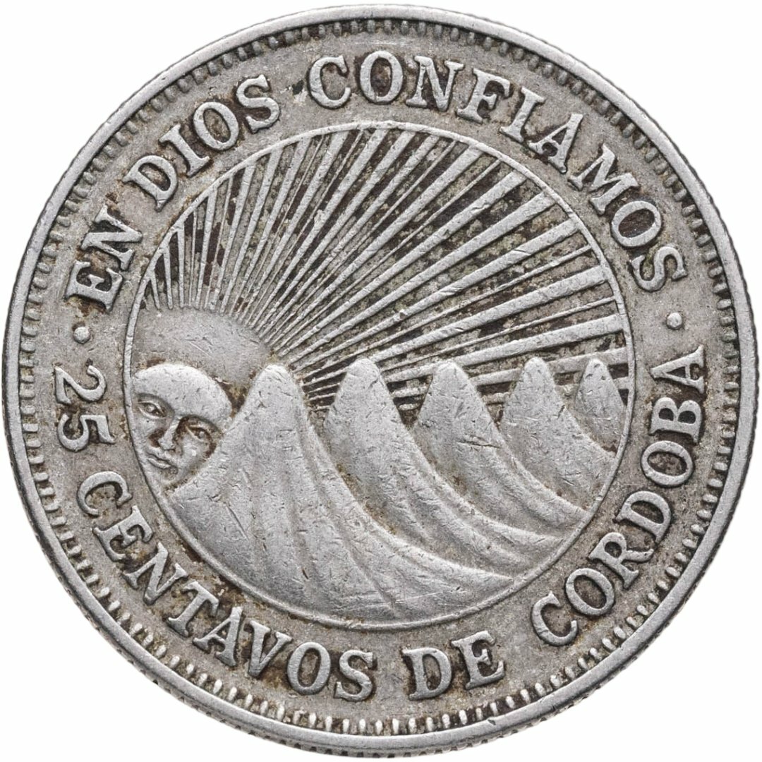 Никарагуа 25 сентаво centavos 1972, Мельхиор медь-никель, в сохранности VF