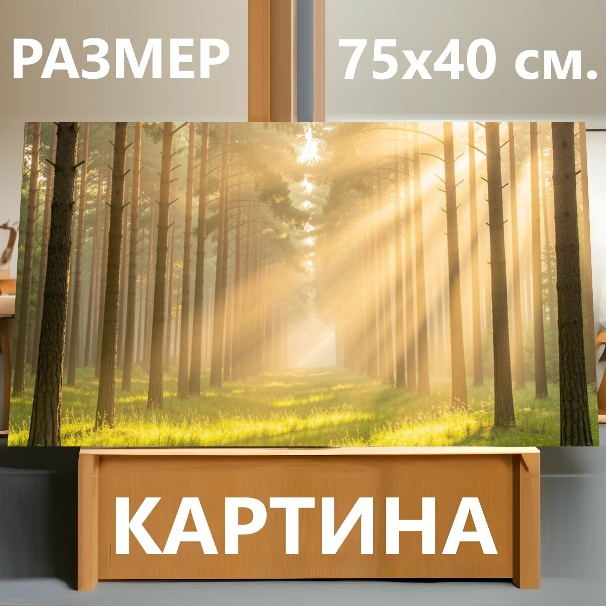 Картина на холсте "Солнечный сосновый лес. Высокие прямые сосны в утренней дымке, мягкие лучи солнца пробиваются сквозь деревья, зелёная трава." на подрамнике 75х40 см. для интерьера