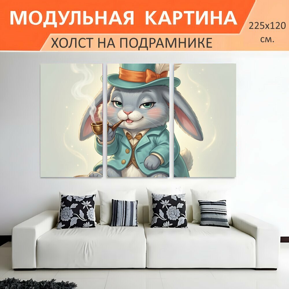 Модульная картина на холсте "Заяц в цилиндре с трубкой. Очаровательный мультяшный кролик в бирюзовом фраке и шляпе с пером, с." триптих на подрамнике 225х120 см. для интерьера