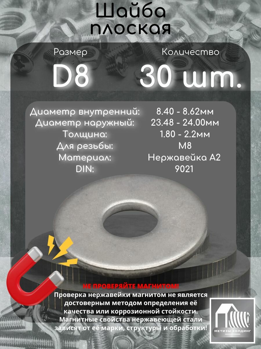 Шайба М8х24 кузовная DIN9021 из нержавеющей стали А2, комплект из 30 штук