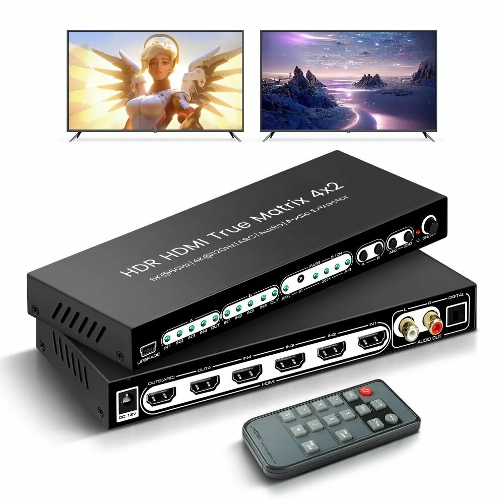 8K 4X2 HDMI Matrix, 4 входа и 2 выхода HDMI 2.1 Matrix, HDMI Video Switcher, сплиттер