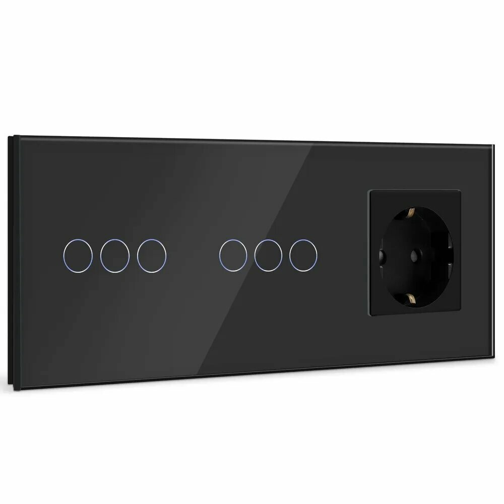 Розетка с cенсорный выключатель, 6 клавиша 1 розетка, Панели из стекла Черная,228mm