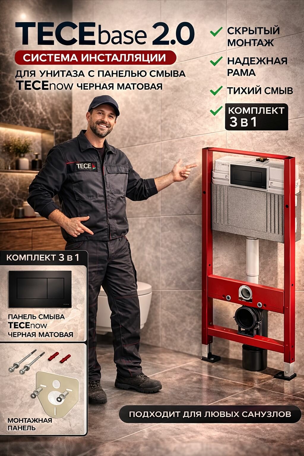 Система инсталляции TECEbase 2.0 для унитаза с панелью смыва TECEnow черная матовая, комплект 3 в 1