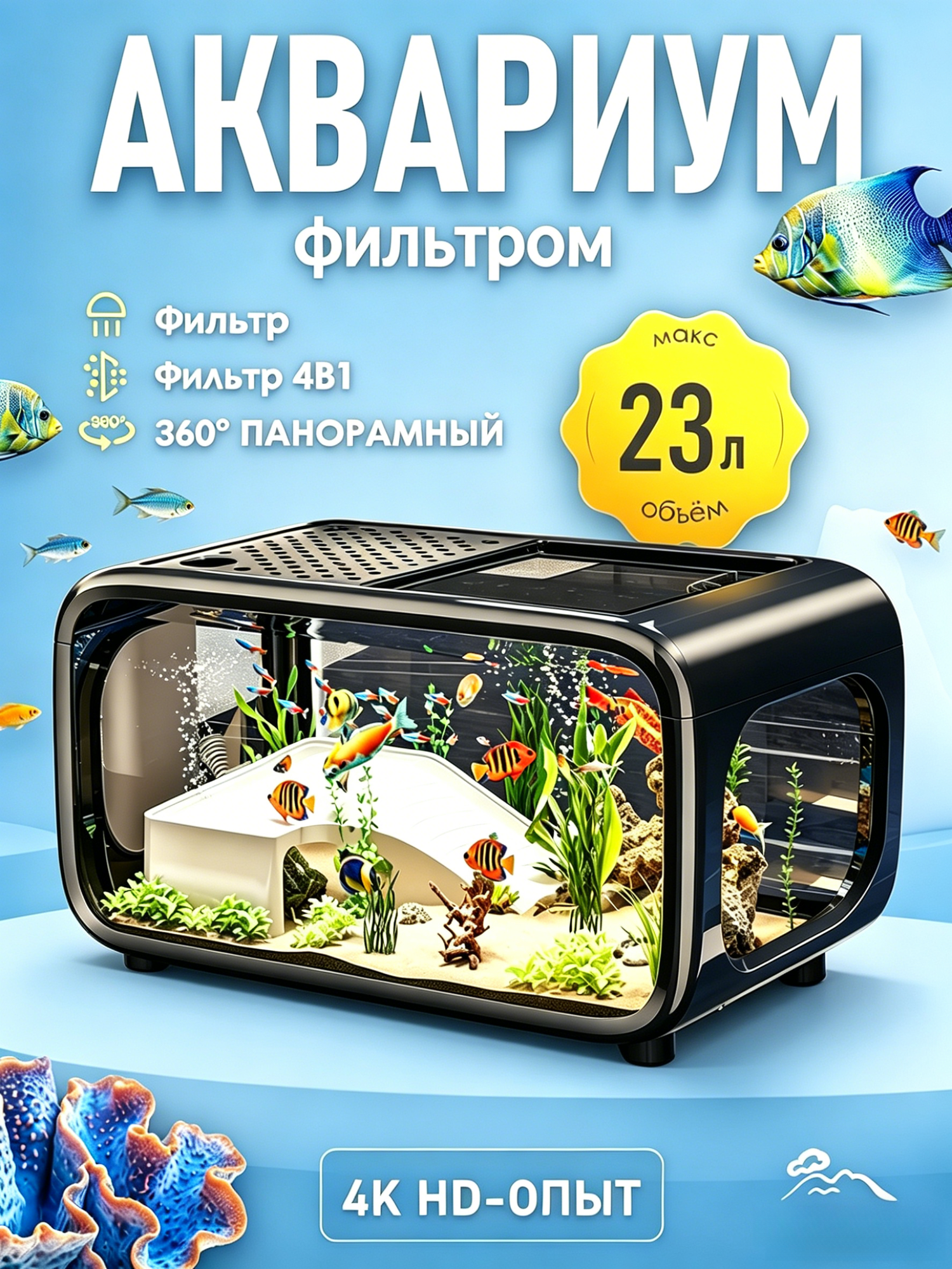 Аквариум 23 л с компрессором, ABS пластик, для рыб и креветок