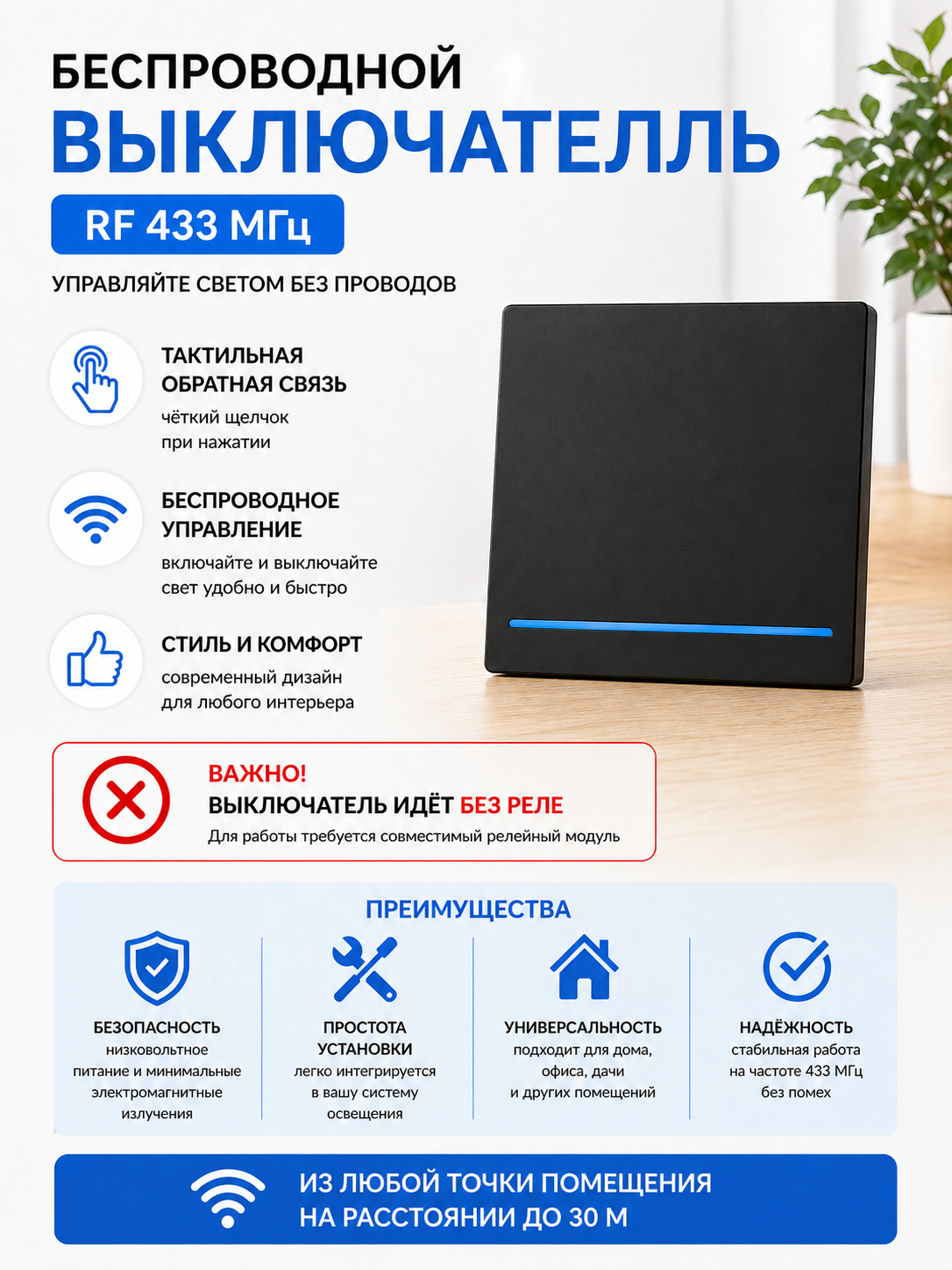 Беспроводной одноклавишный выключатель RF 433 МГц с дистанционным управлением, черный (СФ)