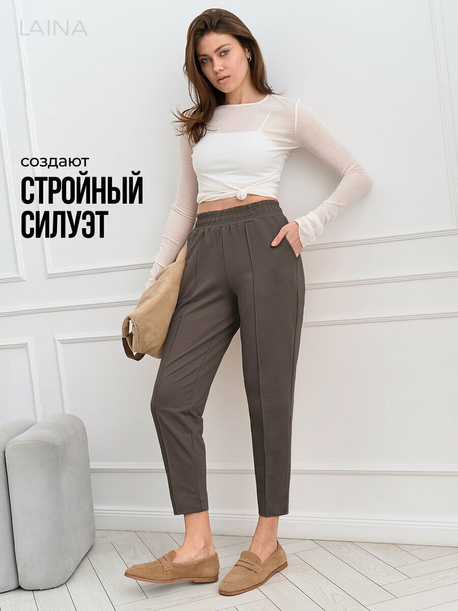 Брюки бананы Laina укороченные на резинке, размер 58, хаки — фото 1