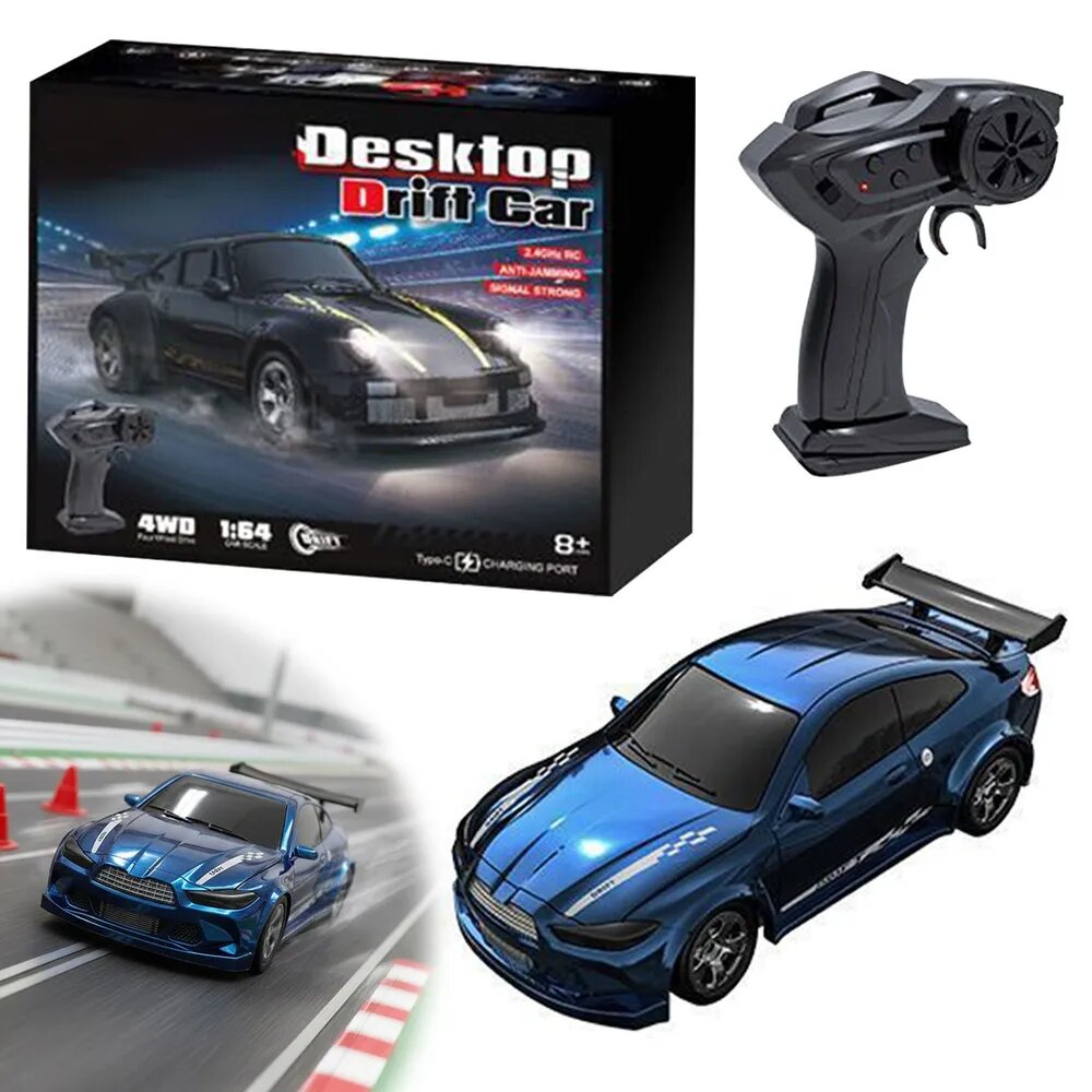 1 64 Масштабный мини-RC Drift Car со светодиодными фонарями для взрослых, мальчиков и девочек (синий)