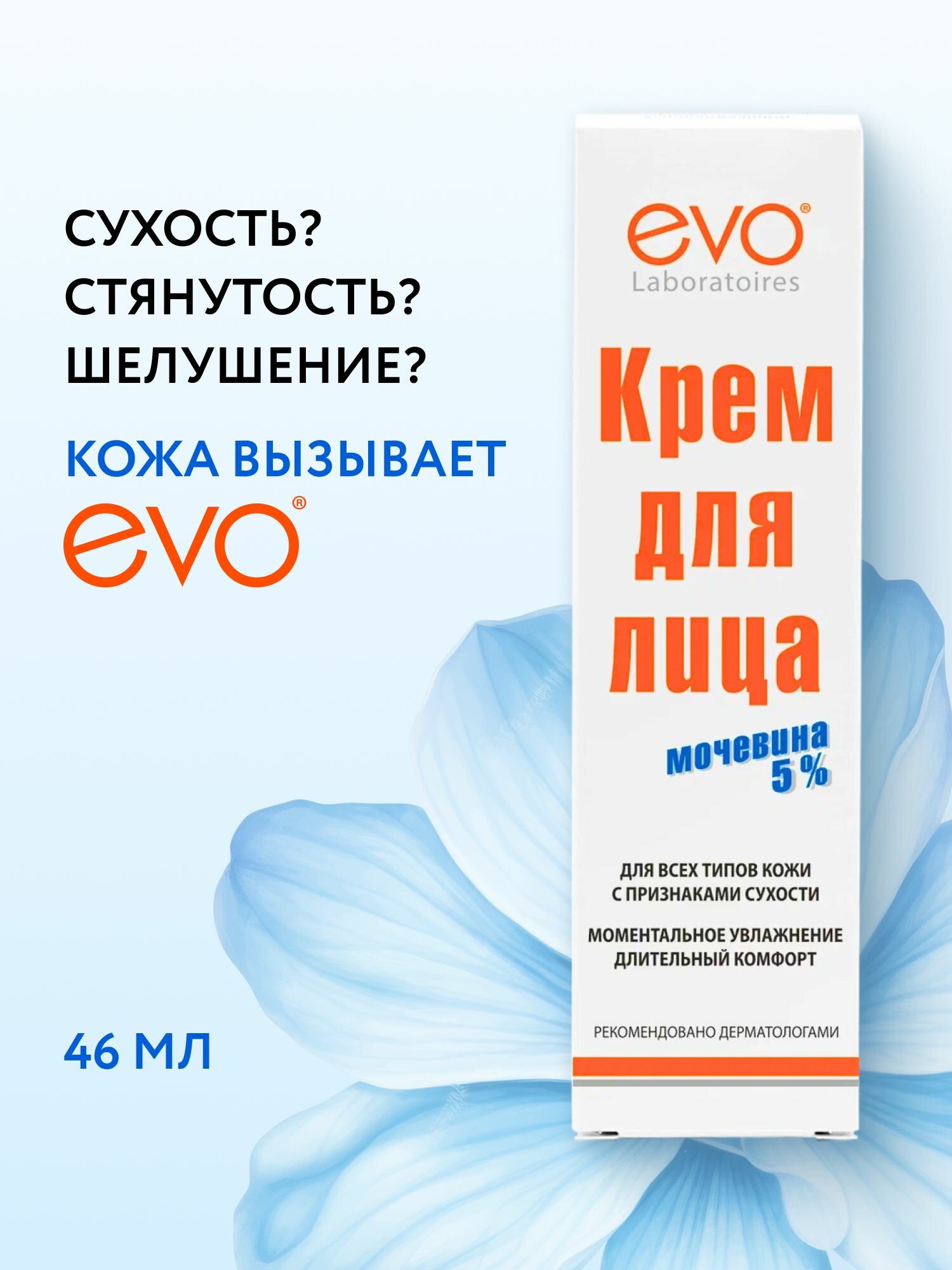 EVO/ЭВО Крем для лица с мочевиной 5% и ниацинамидом (витамин В3) для всех типов кожи с признаками сухости, 46 мл
