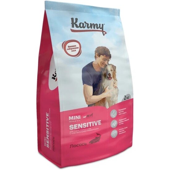 Корм сухой Karmy Sensitive Mini Лосось для собак мелких пород с чувствительным пищеварением, 2 кг.