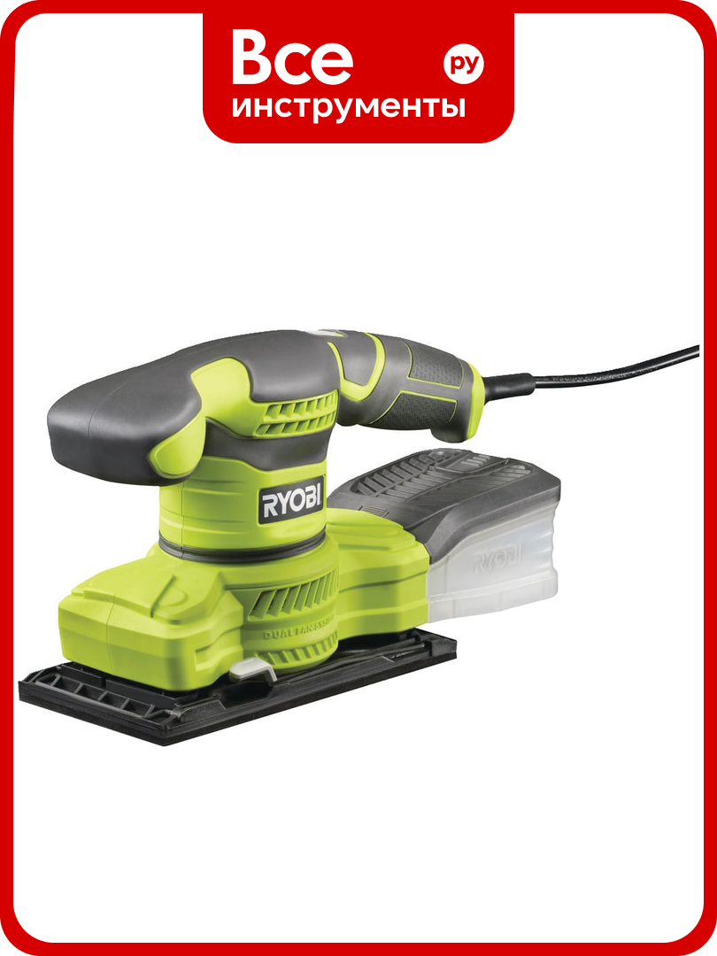 Виброшлифмашина Ryobi RSS200-G, универсальная, щеточный двигатель, пластиковая подошва, зажим‑липучка для шлифлиста