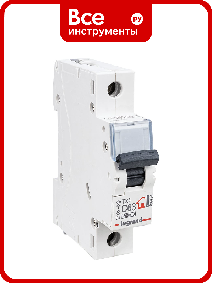 Автоматический выключатель Legrand TX3 C63A 1П 6000 404034 модульный тип, белый корпус, установочный на DIN‑рейку