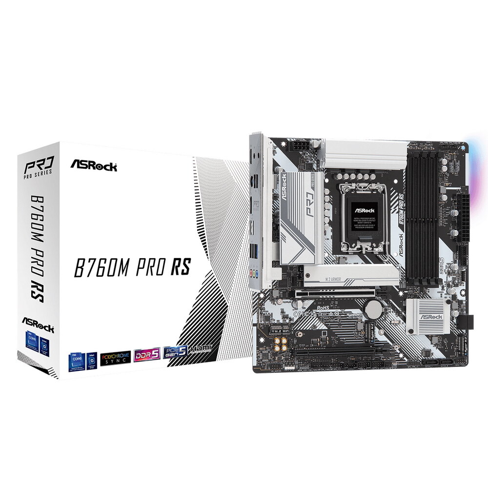 Материнская плата ASRock B760M PRO RS, уц-3 Socket 1700, Intel®B760, 4xDDR5-4800, HDMI+DP, 2xPCI-Ex16, 4xSATA3(RAID 0/1/5/10), 3xM.2, 8 Ch Audio, 1x2.5GLan, (2+4)xUSB2.0, (3+2)xUSB3.2, (1+1)xUSB3.2 Type-C™, 1xPS/2 mATX, RTL {}