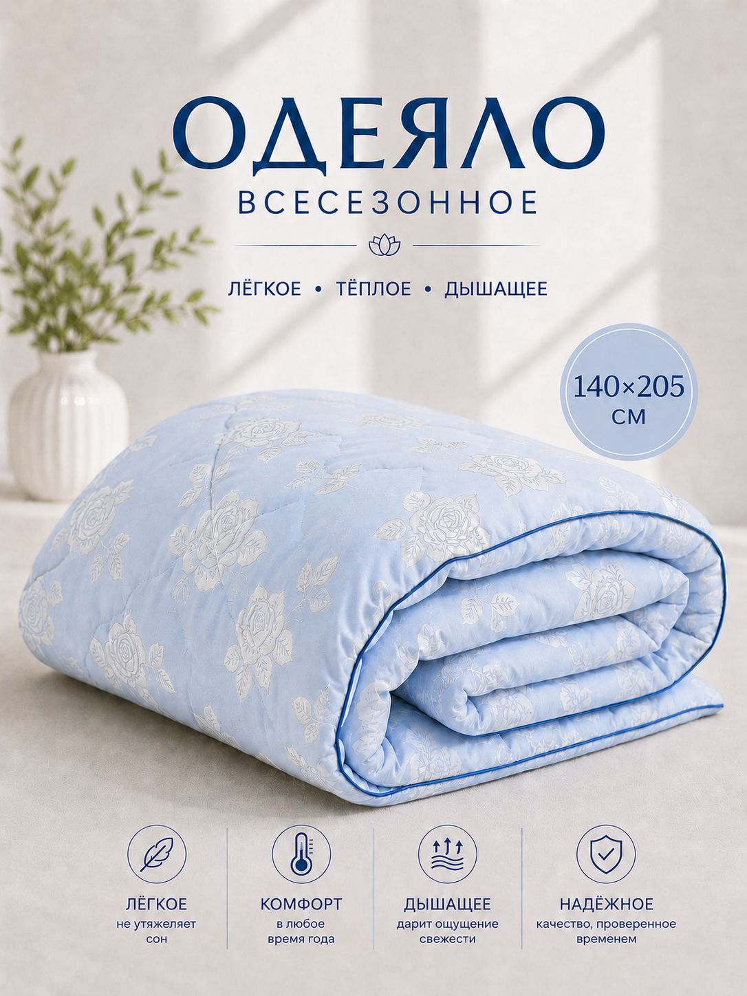 Одеяло холлофайбер Всесезонное, чехол Тик (100% п/э), 1,5-спальное, 140х205см, голубые розы