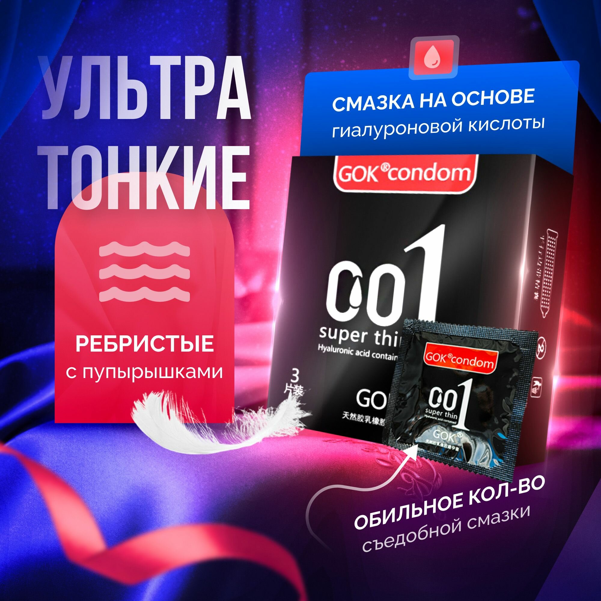 Ультратонкие 10 штук с двойной гиалуроновой смазкой ребристые GOC Презервативы