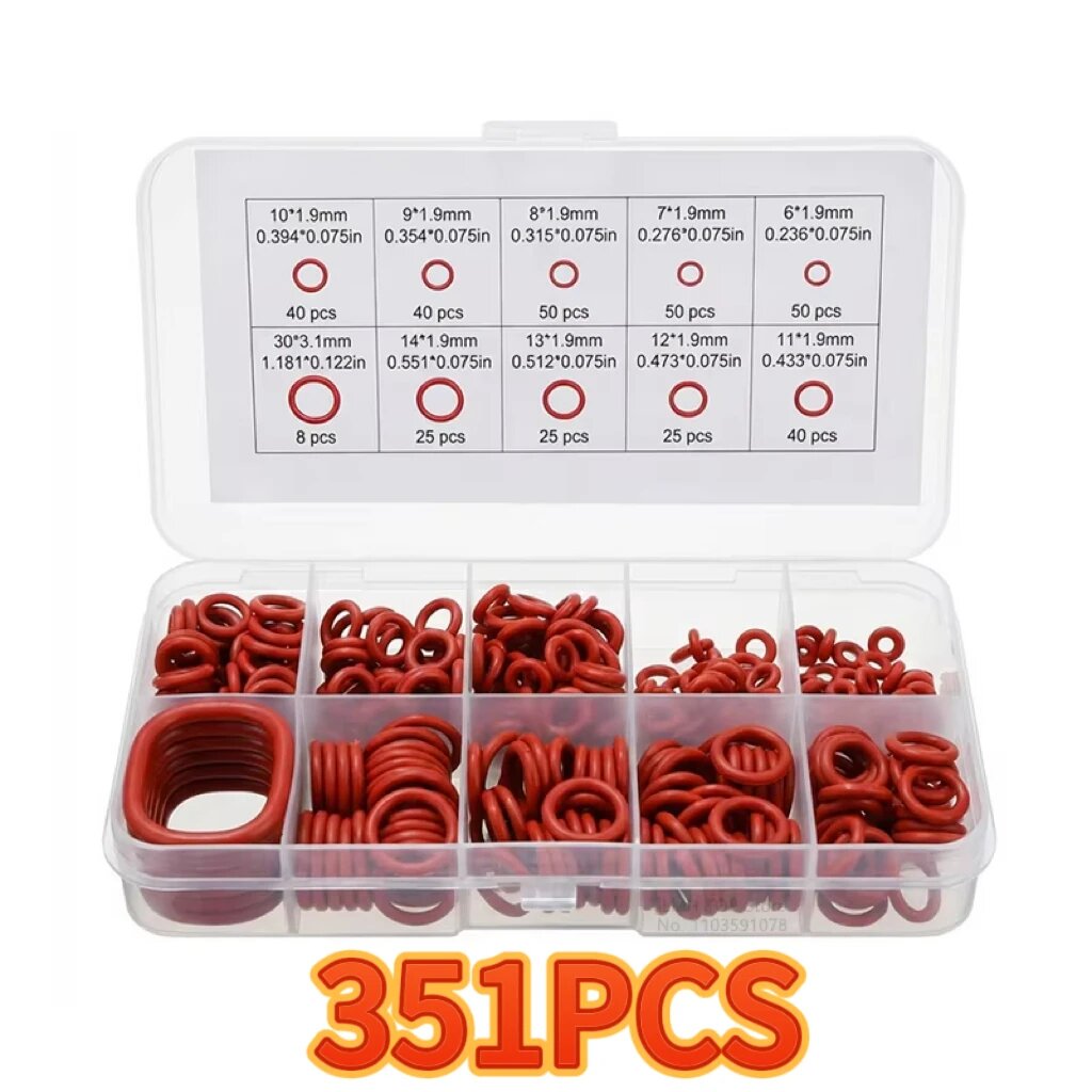 Силиконовые уплотнительные кольца 10 размеров, 351 шт, Толщина: 1 Box