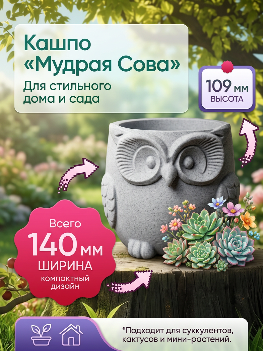 Кашпо декоративное для суккулентов и кактусов Мудрая Сова OwlHome для дома и сада, 140х109 мм