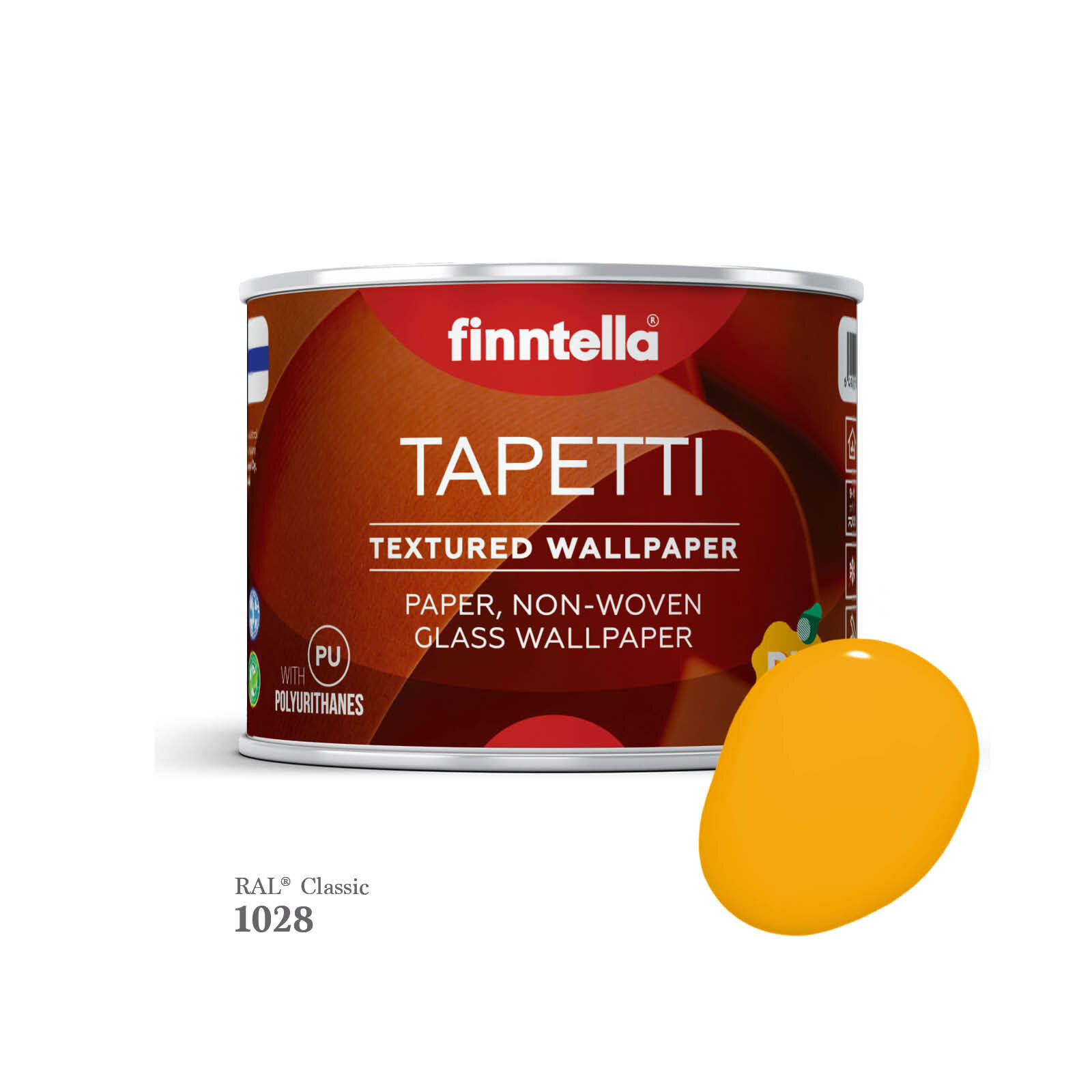 Шелковисто-матовая краска для обоев под окраску TAPETTI SILKKI Matta FINNTELLA, Цвет RAL 1028 Дынно-желтый (Melon yellow), 0,45л