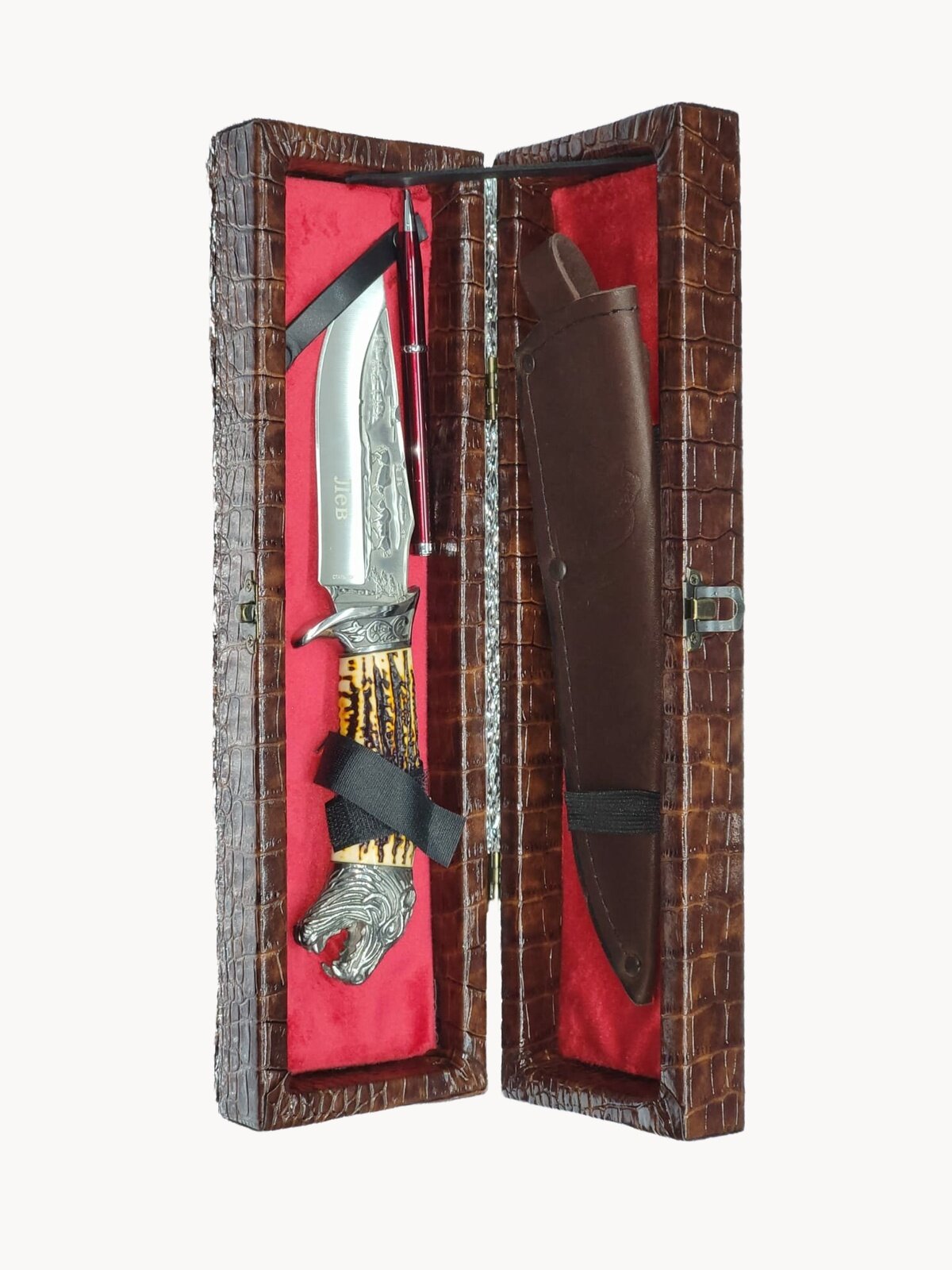 Нож туристический разделочный серый Волк в чехле ножнах и подарочный кожаный футляр , ручка нож подарок .