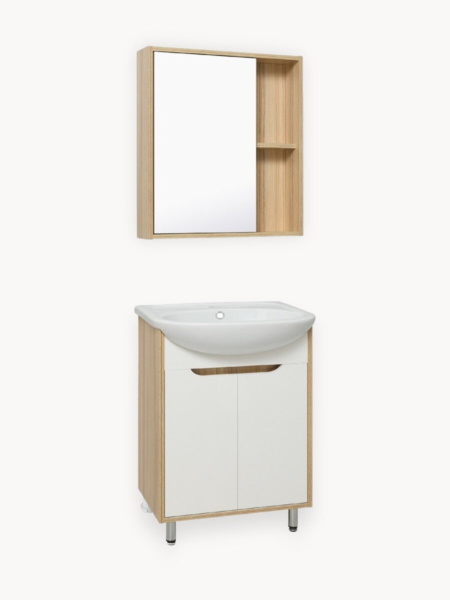 Мебель для ванной Runo Эко 60, лиственница, тумба с раковиной Уют 60, шкаф-зеркало