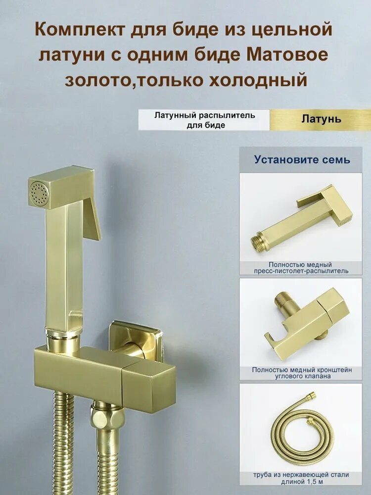 Лейка гигиеническая для биде (кран для холодной воды) RO5501BG3 лейка, 1.5M шланг, кран Матовое золото, латунь, Площадь
