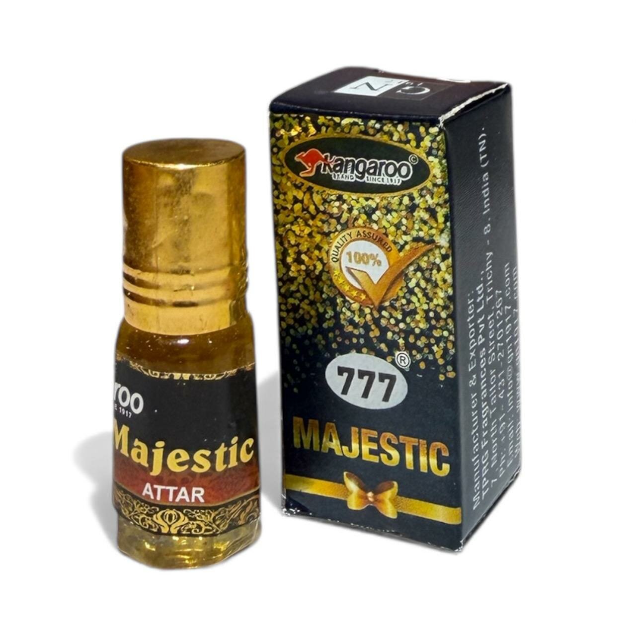 777 MAJESTIC Attar, Free From Alcohol, Kangaroo (777 величественный Аттар, масляные индийские духи), ролик, 3 мл.