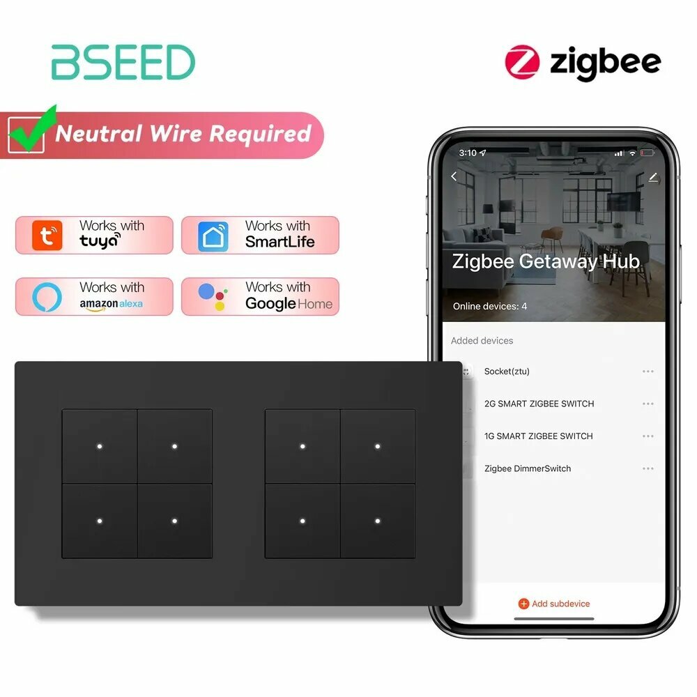 Умный выключатель c Алисой Zigbee, Легко нажать, Пластиковая рамка, Серия E - CLICK