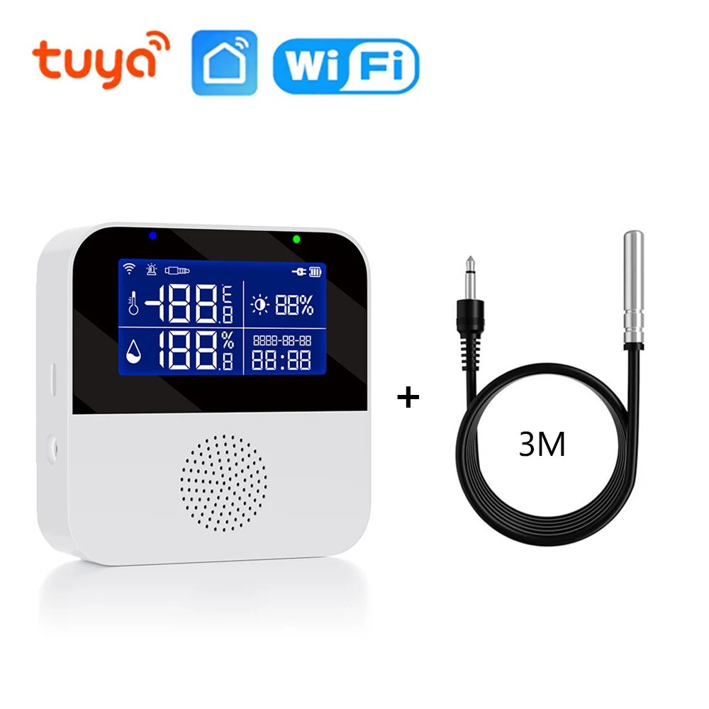 Датчик температуры и влажности Tuya Smart WIFI с кабелем длиной 1М/3М, ЖК-дисплеем, встроенным термометром и гигрометром, поддерживающий Alexa - с кабелем длиной 3 метра