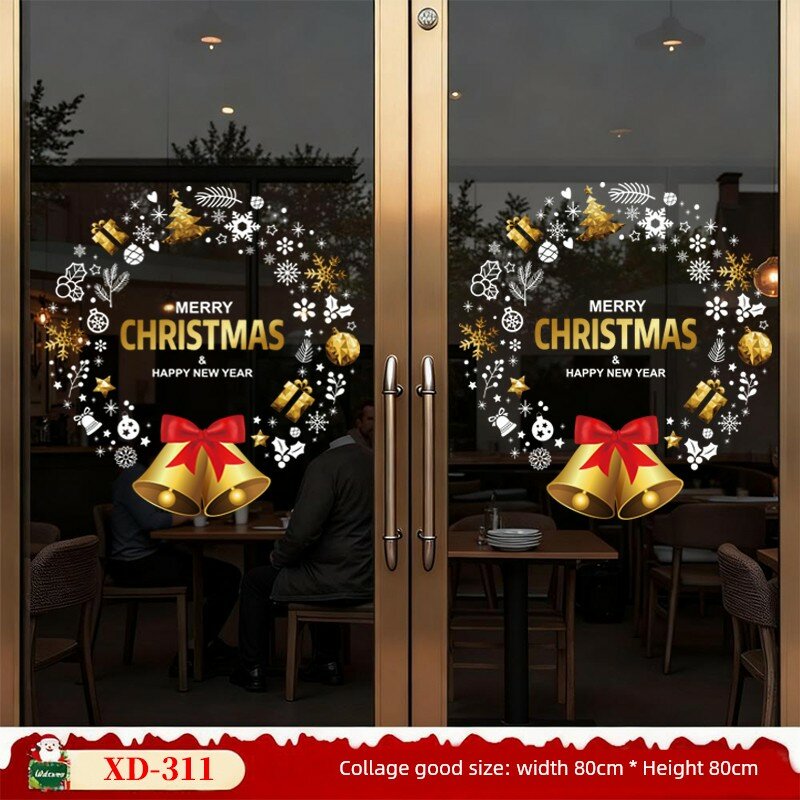 Новогодние стеклянные наклейки, статические наклейки, наклейки на окна с изображением Деда Мороза и елки, оформление