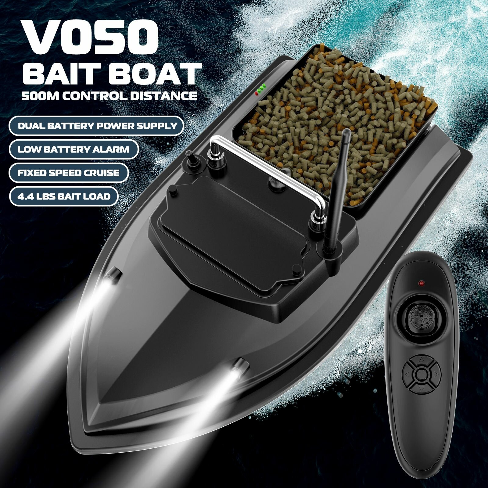 Прикормочный кораблик "V50", с автопилотом, черный, 50 см x 27 см x 16 см
