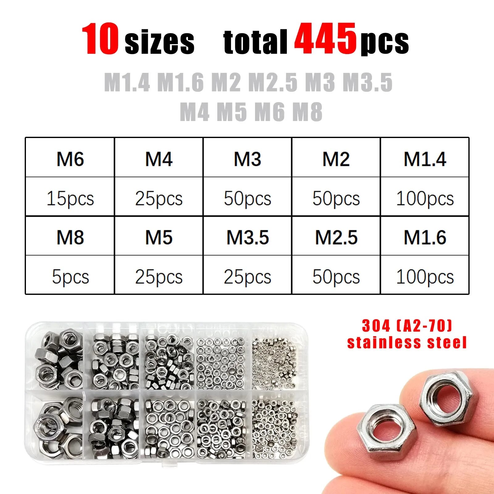 Комплект гаек Michastu M1-M16 из стали и латуни 445pcs SUS304