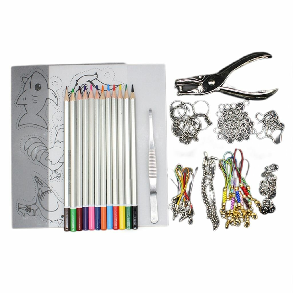 Набор термоусадочных пленок с цветными карандашами, брелком, дыроколом для изготовления украшений