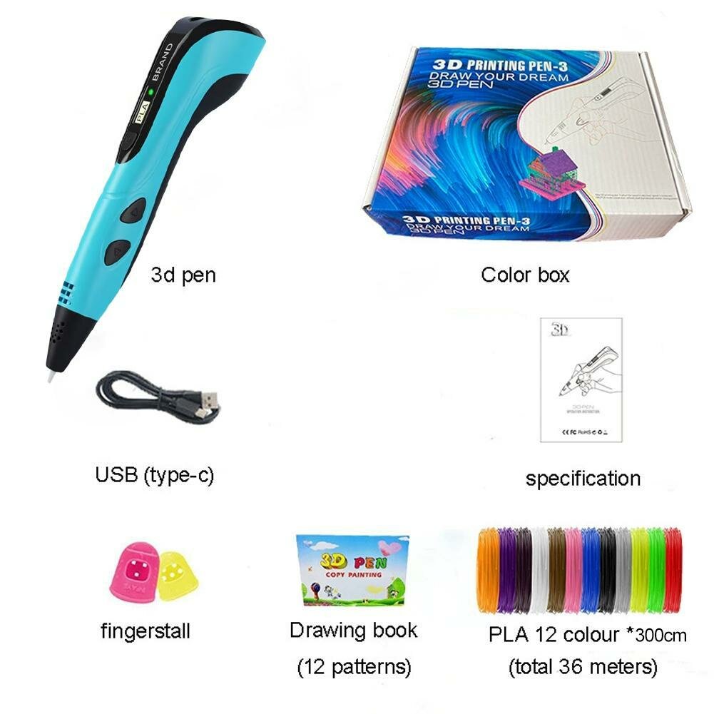 3D ручка 3D BABY PEN-3 мир фантазий в твоих руках с трафаретами + коврик + стержни + шомпол, синяя. 3Д Ручка для детей, школы, дома, творчества