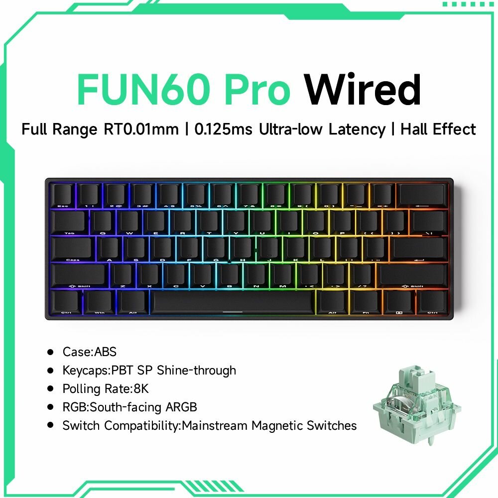 AKKO Игровая клавиатура проводная AKKO MonsGeek FUN60 PRO, single 8K, SP черная прозрачная, проводная механическая клавиатура, RGB, 61 клавиша, Магнитный выключатель Akko Glare, (Akko Glare Magnetic), Английская раскладка, черный