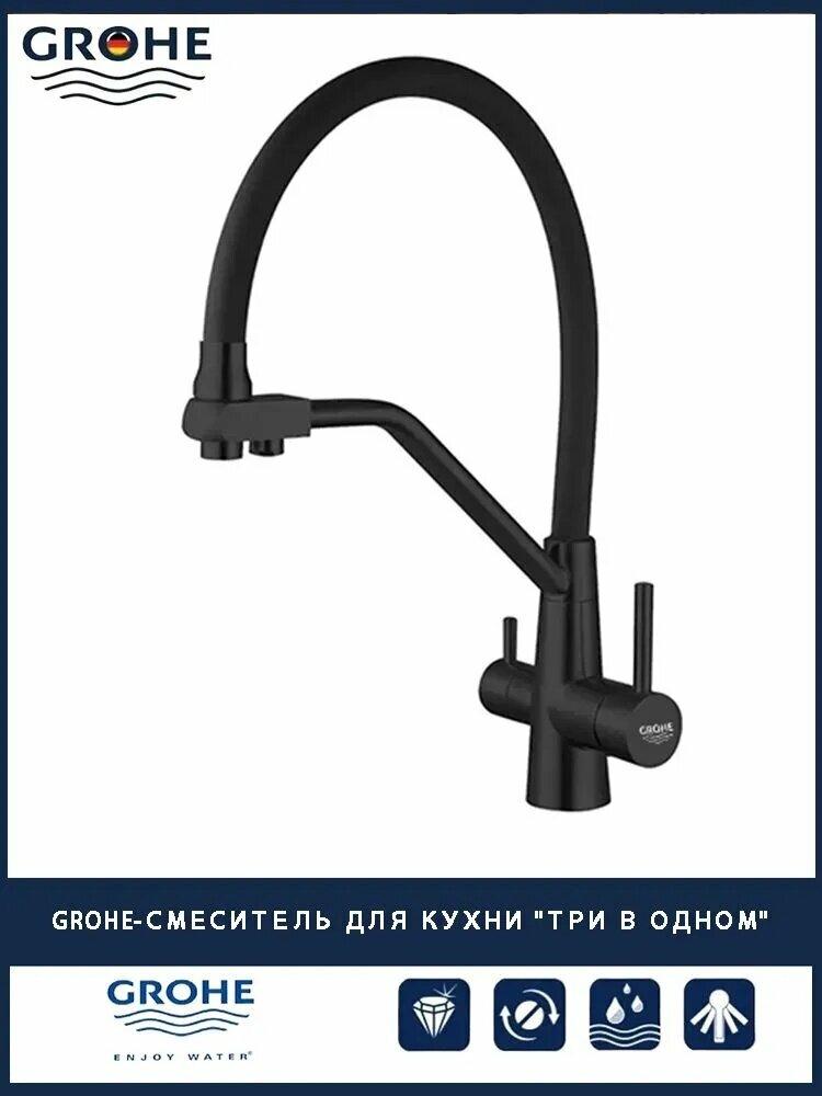 GROHE Смеситель для кухни с гибким изливом и фильтром для питьевой воды черный и золотой
