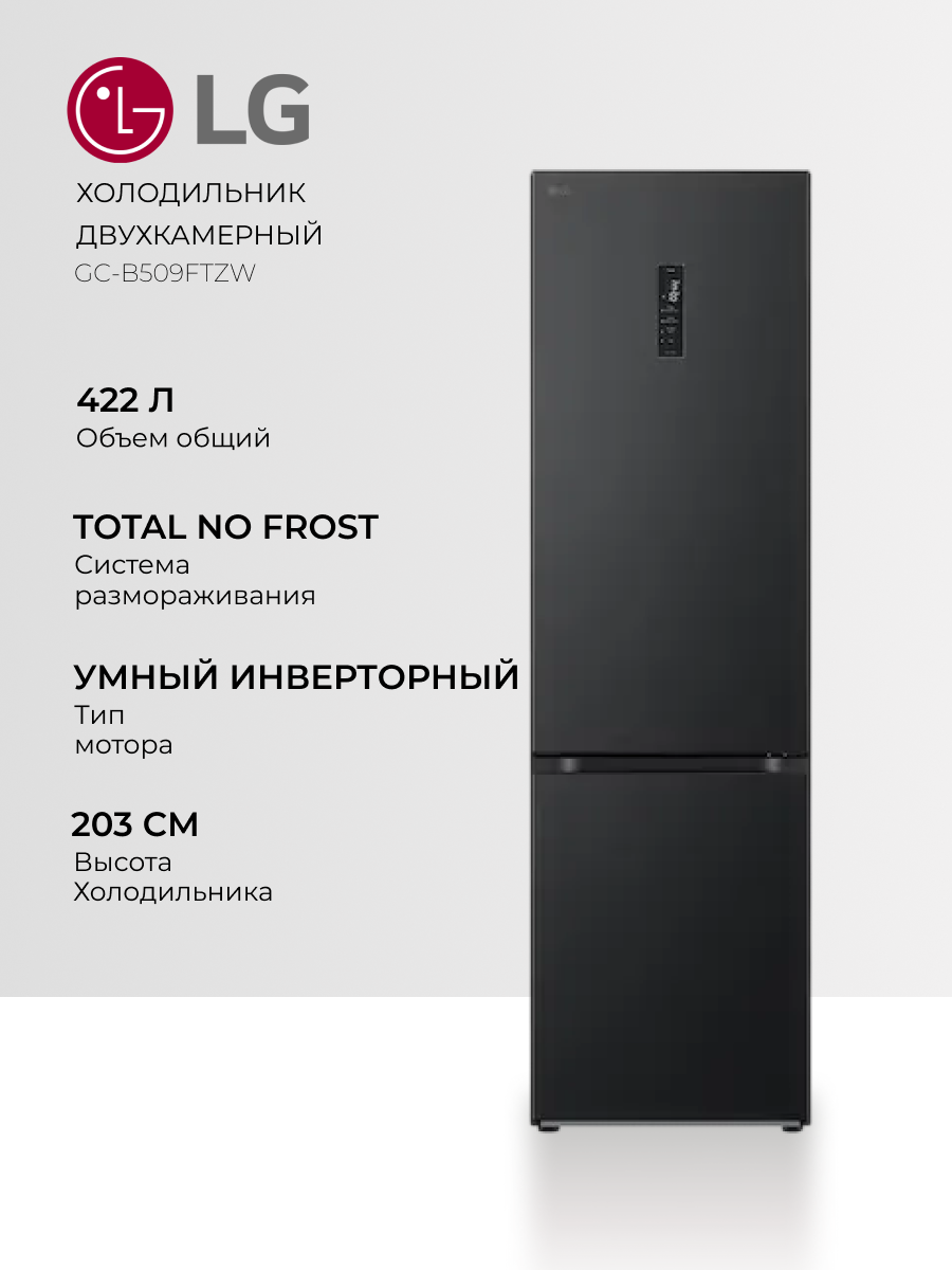 Холодильник LG GC‑B509FTZW, 387 л, No Frost, A++, инверторный мотор Smart, ThinQ, Door Cooling+, черный