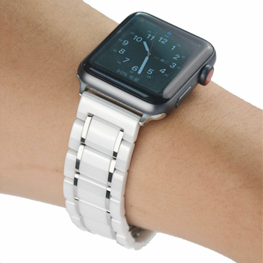 Керамический ремешок для Apple Watch Series 1-11 42мм,44мм,45мм,46мм,49мм, белый с серебряным, 0006-01-2-42