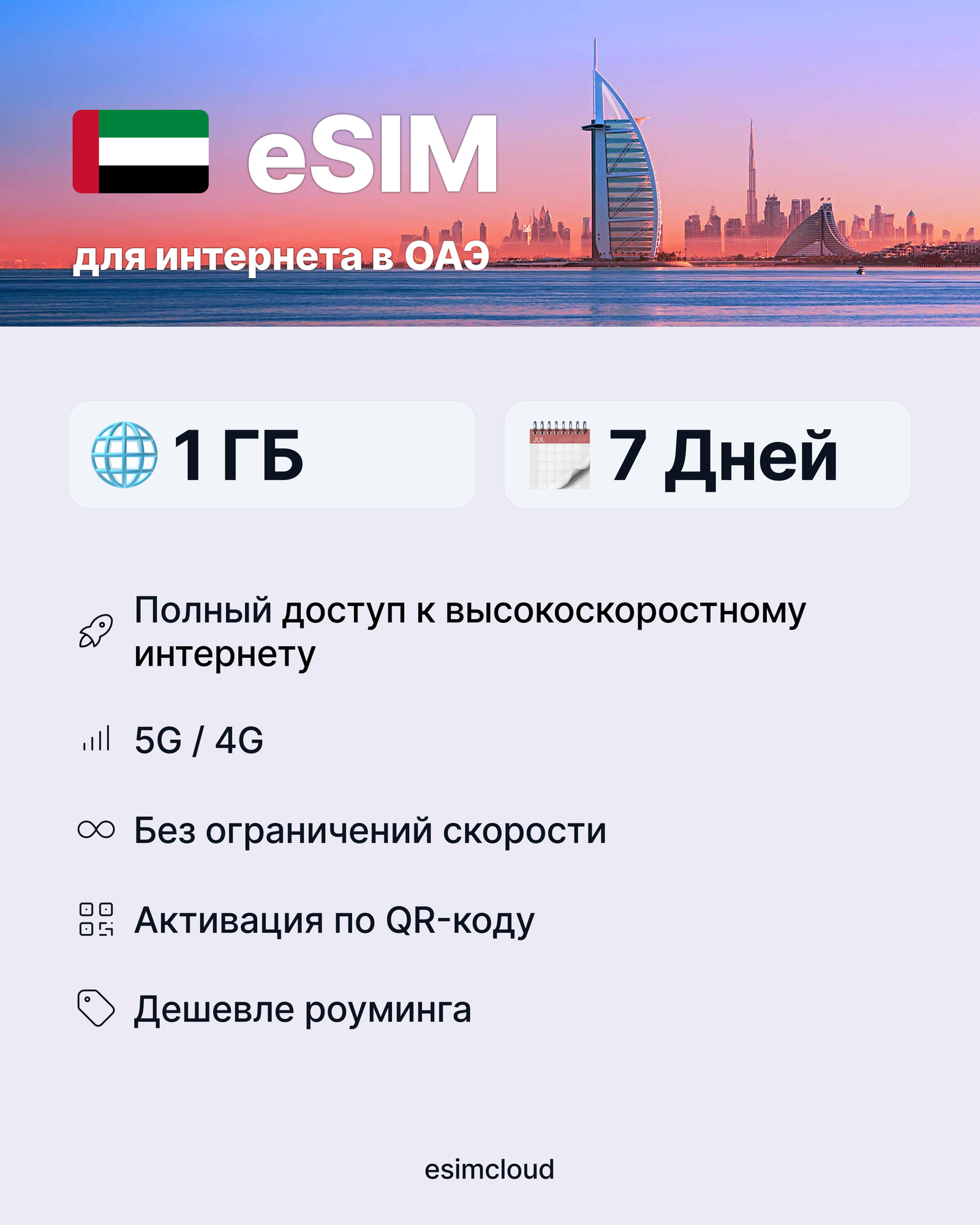 ESIM для ОАЭ 1 ГБ / 7 дней • Мобильный интернет • Универсальная eSIM • 4G LTE / 5G • Смартфон и планшет