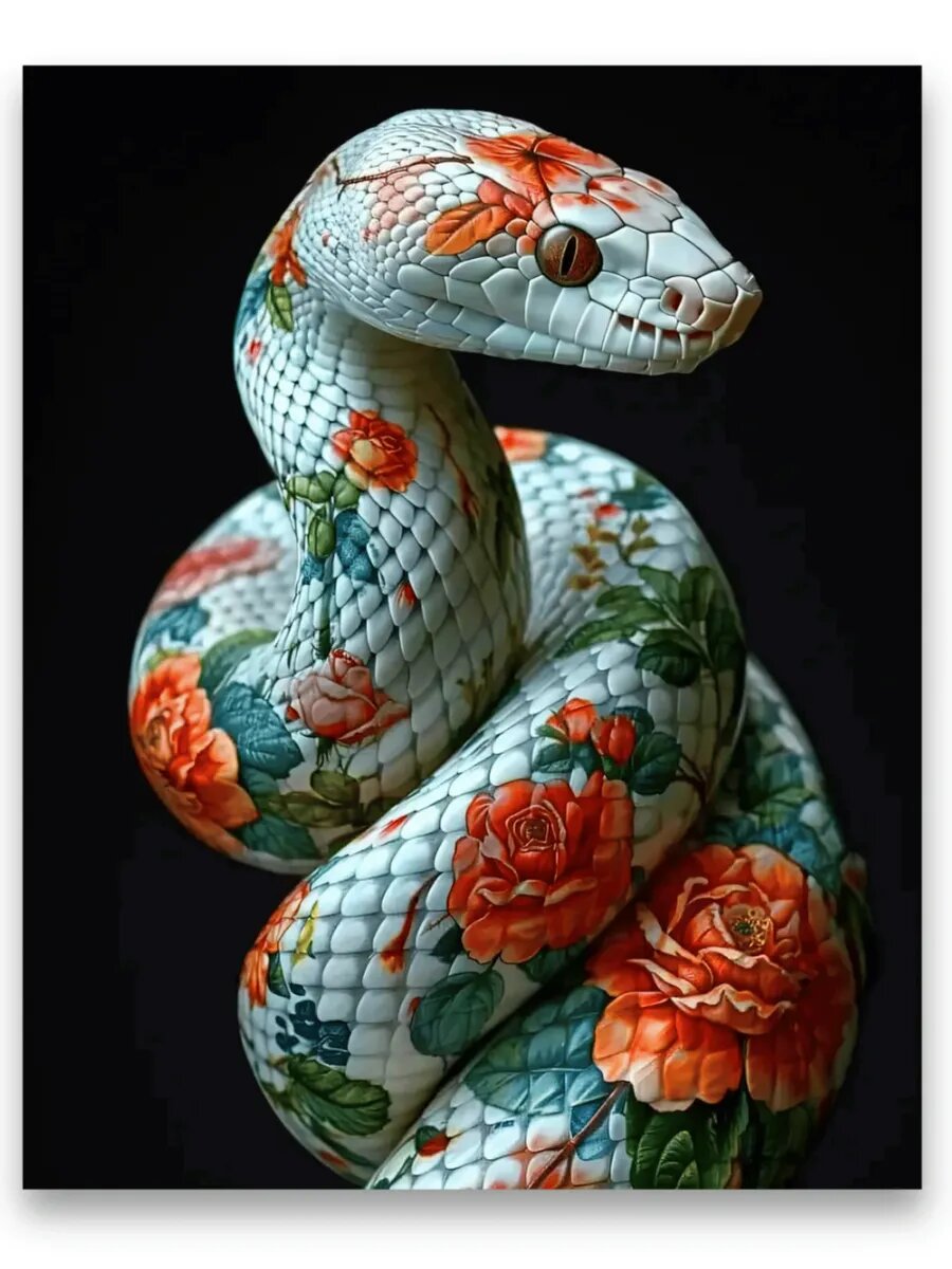Алмазная мозаика 40x50 "Змея с цветочной кожей" — квадратные