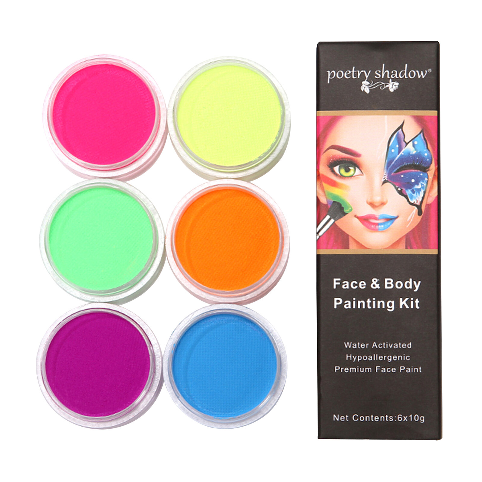 Набор для pintura лица и тела UV Neon Glow, 6 цветов, флуоресцентные краски, активационные водой, пигменты для макияжа, безопасные, для Хэллоуина, косплея, костюмных вечеринок, фестивалей, искусства, диаметр продукта 3.7 см, размер упаковки 12*3.5*3.5