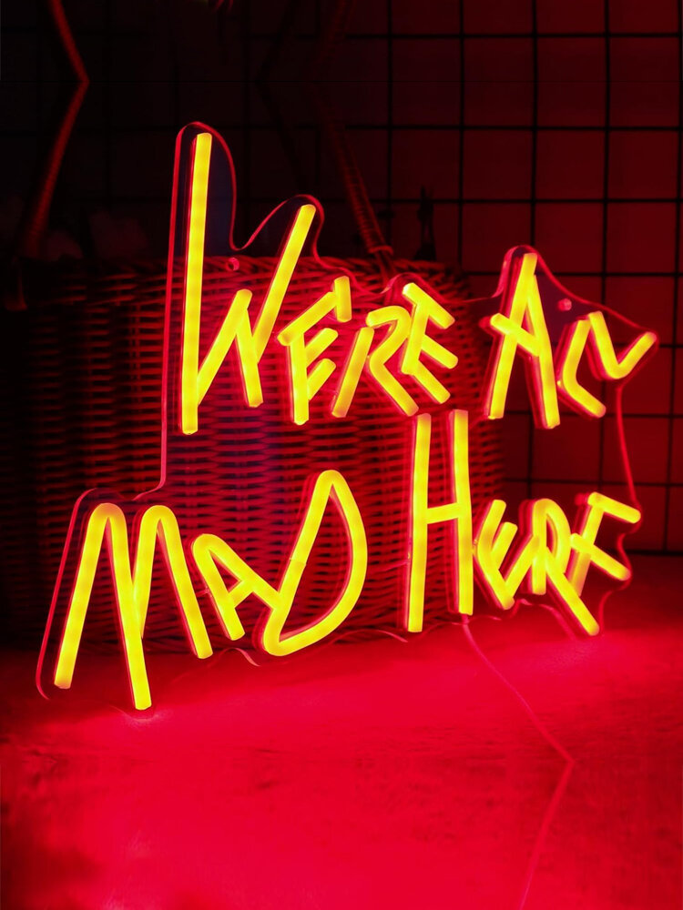 Неоновая вывеска "Мы все здесь сумасшедшие", стиль "Алиса в Стране чудес", LED подсветка для стен, декор спальни, бара, пещеры, рождественский подарок для детей