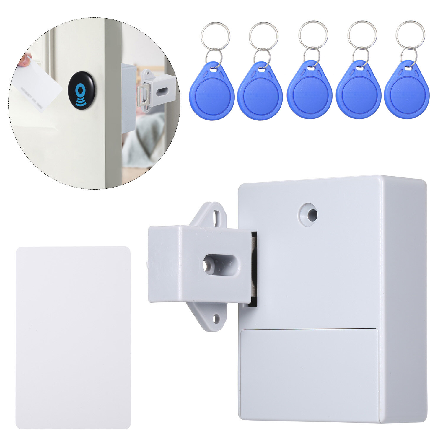 Скрытый замок для шкафа RFID DIY с интеллектуальным сенсором для шкафа, обуви, ящика, электронный замок, цвет: черный, серый (выбор), размер: 86*63*29мм, вес упаковки: замок с 2 ключами 150г, замок с 5 ключами 164г, количество ID-тегов: 5 (синий),