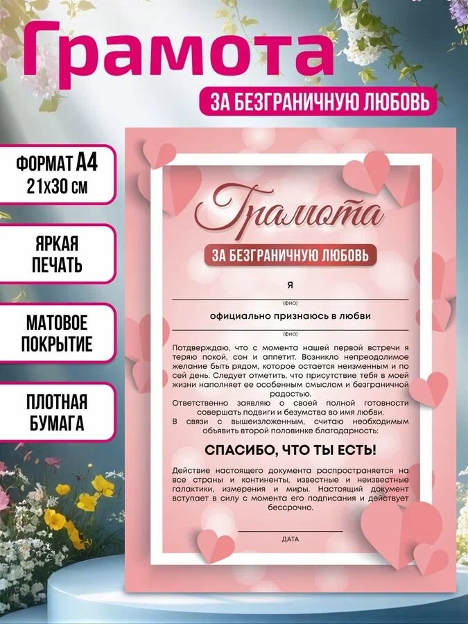 Грамота открытка для награждения "За безграничную любовь" , А4, в подарок на 14 февраля, 8 марта